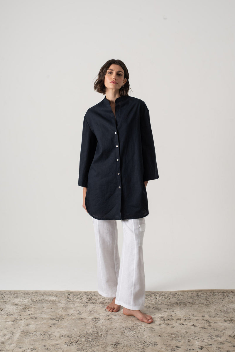 Hugo Linen Tunic Button Shirt Navy - LUXMII